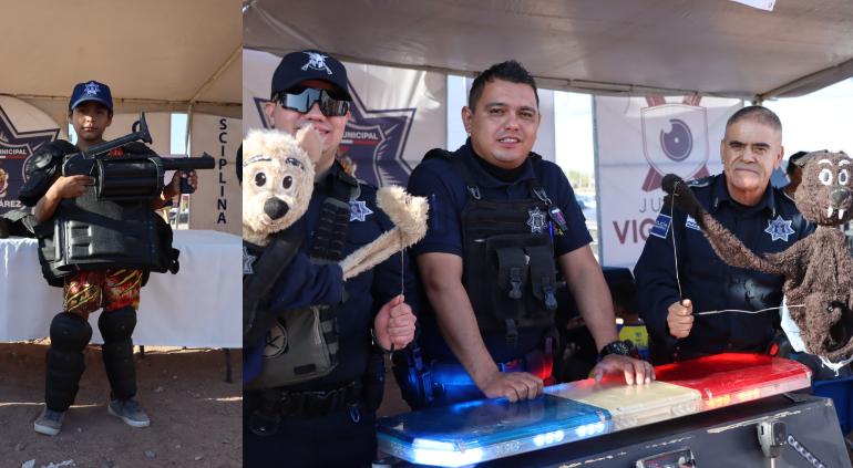 Disfrutan niños de teatrino y gotcha con la Policía Municipal