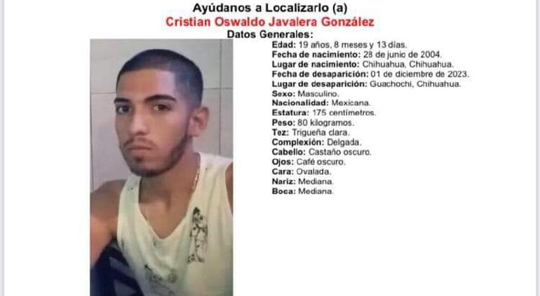 Buscan a Cristian Javalera, desapareció hace 3 meses en Guachochi