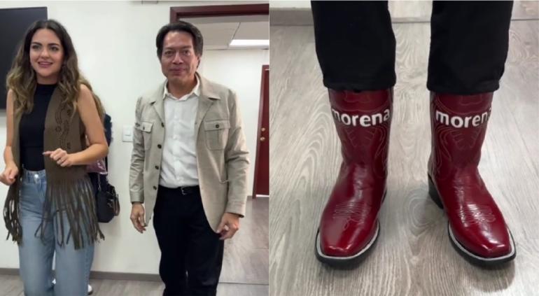 Presumió Mario Delgado botas de Morena; se las dio Andrea Chávez