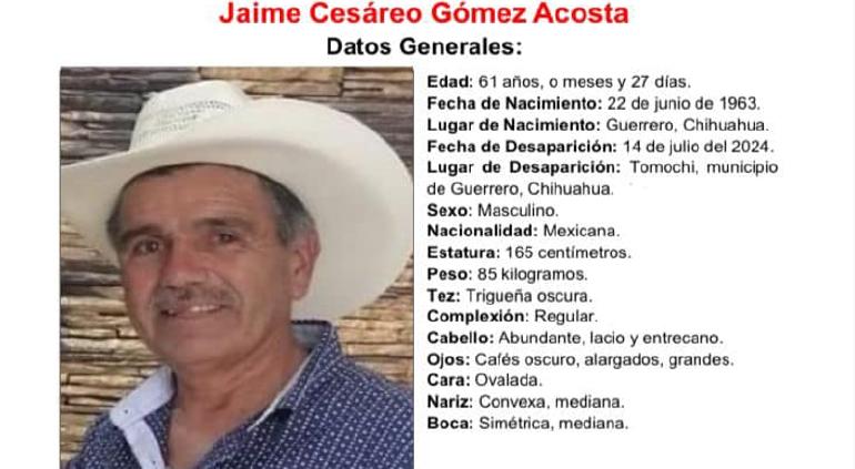 Buscan al señor Jaime Gómez de 61 años, desapareció en Tomochi