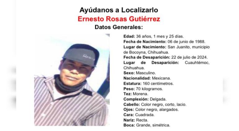 Buscan a Ernesto Rosas; desapareció hace 9 días en Cuauhtémoc