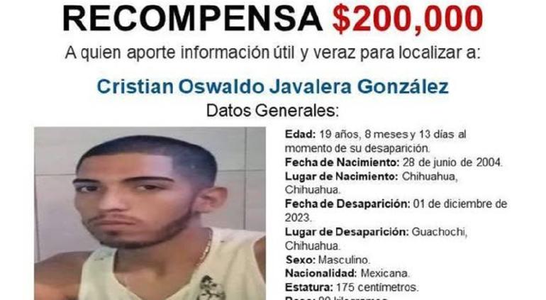 Buscan a Cristian Javalera, ofrecen 200 mil pesos de recompensa